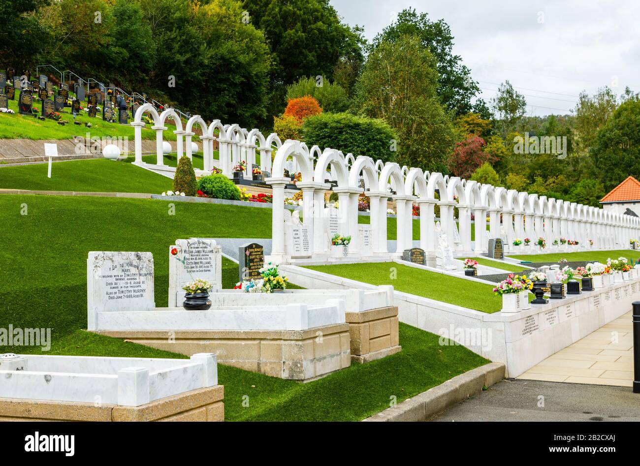 Memorial arches in Bryntaf Cemetery, Aberfan Cemetery, Mid Glamorgan ...