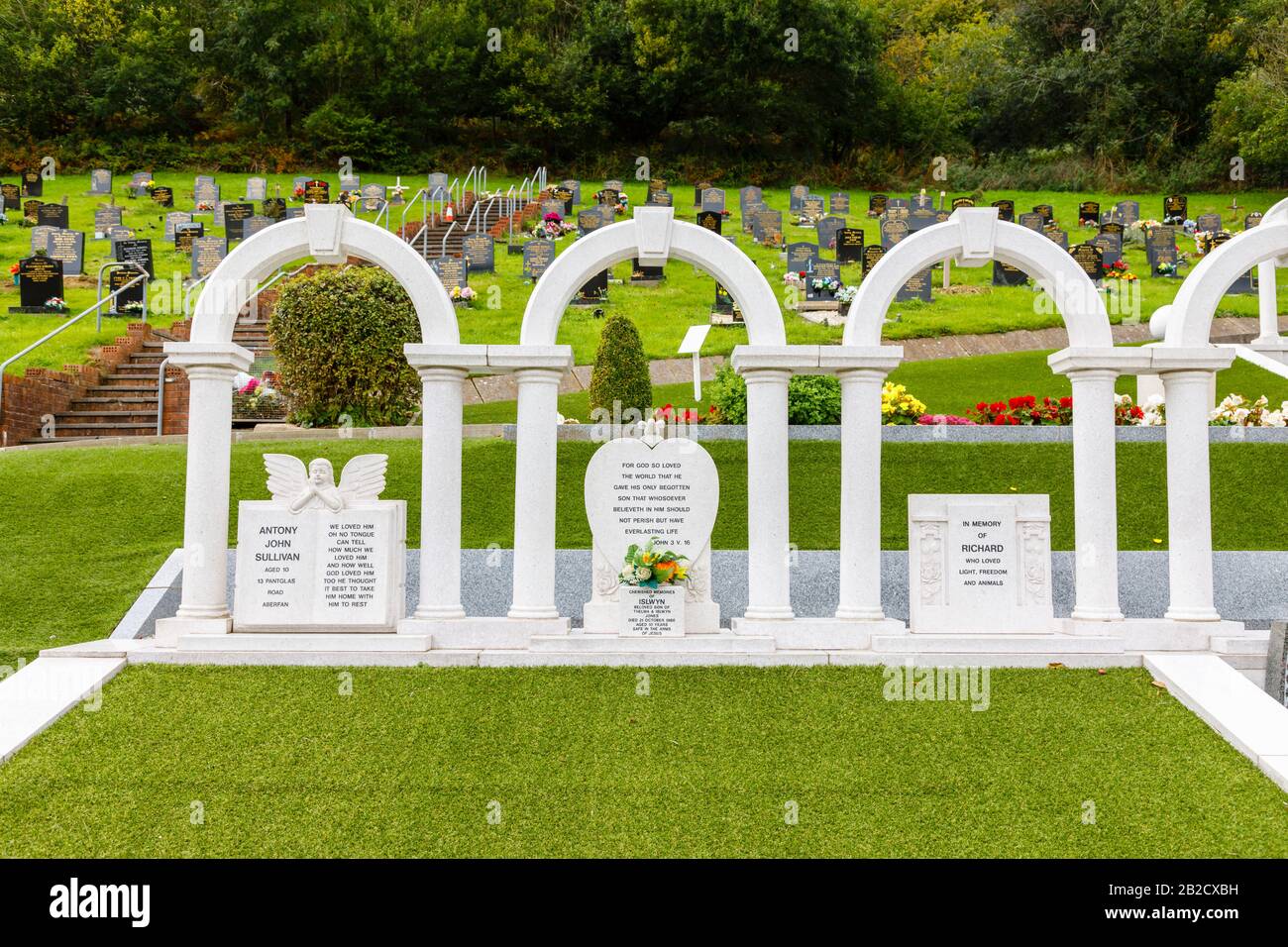 Memorial arches in Bryntaf Cemetery, Aberfan Cemetery, Mid Glamorgan ...