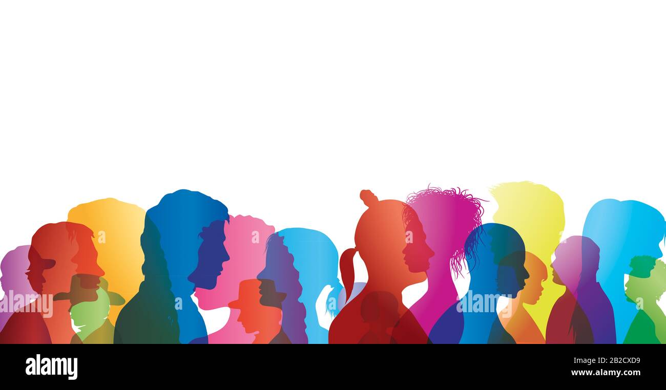 Talking crowd.Dialogue group diverse people.Colored silhouette profiles ...