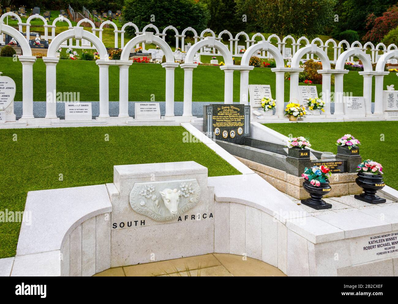 Memorial arches and graves, Bryntaf Cemetery, Aberfan Cemetery ...