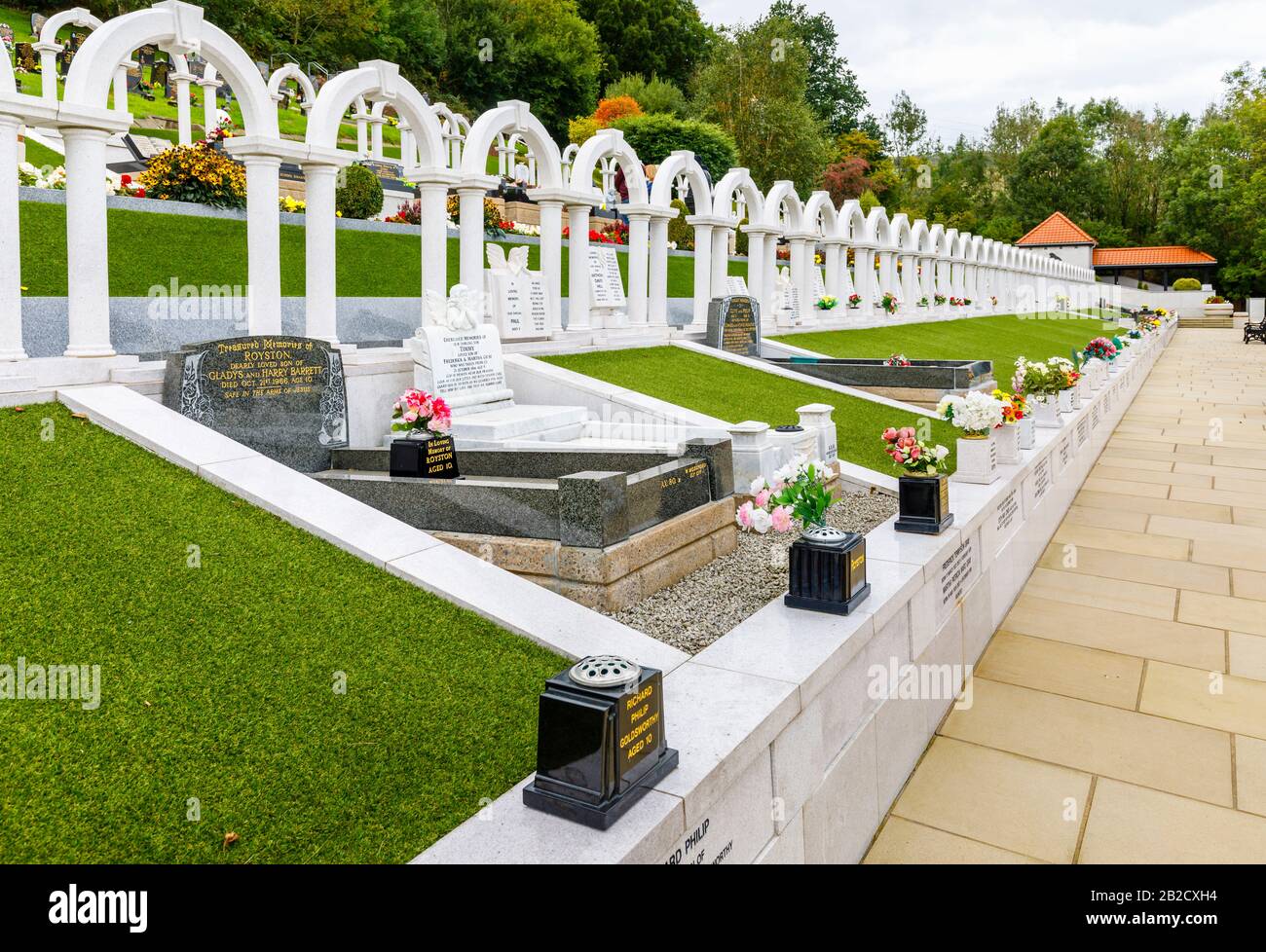 Memorial arches and graves, Bryntaf Cemetery, Aberfan Cemetery ...
