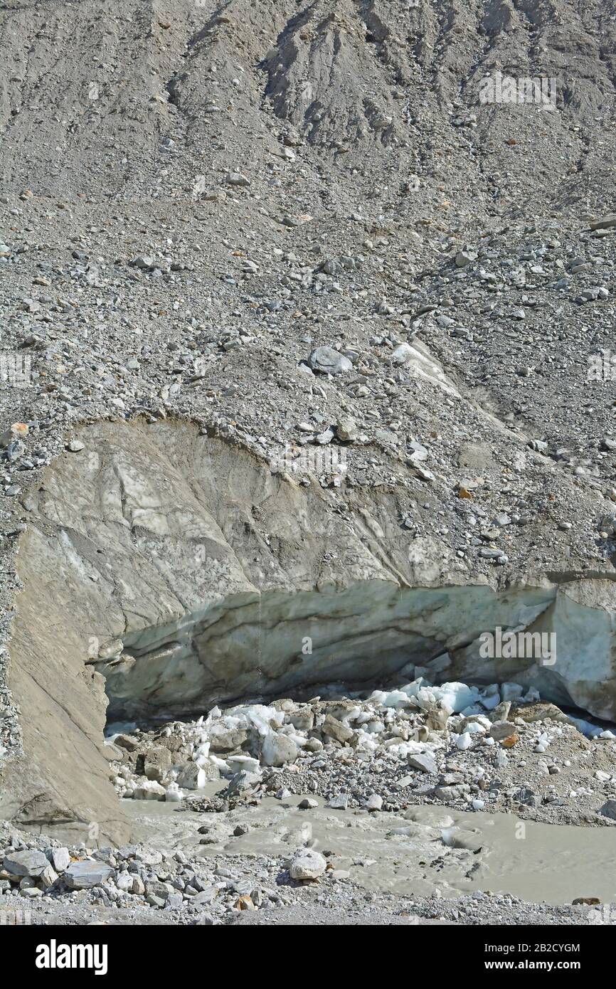 Collapsing ice cave in a glacier dug out by a meltwater river and ...
