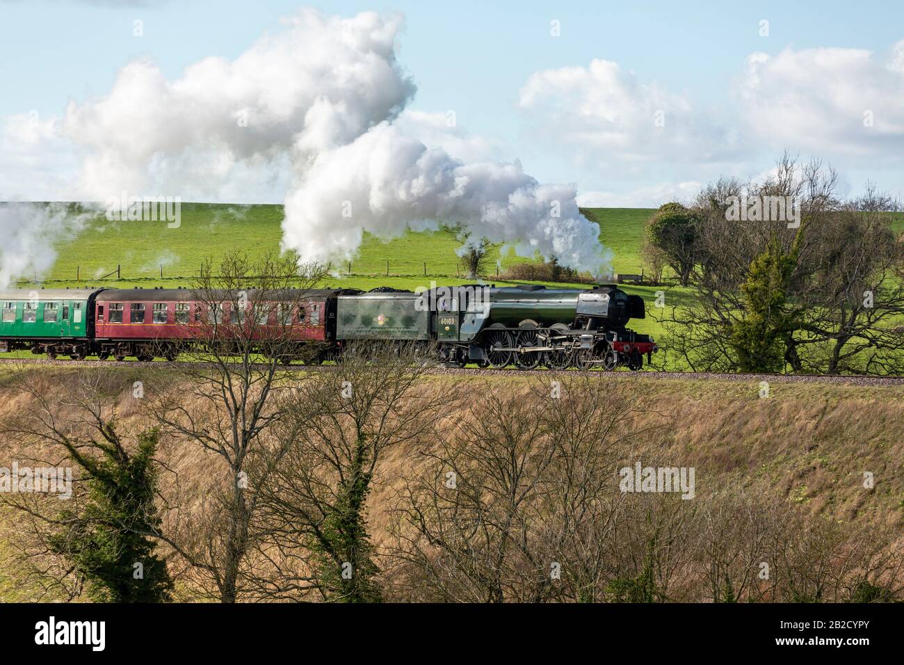 World Famous steam train the Flying Scotsman at full speed in the ...