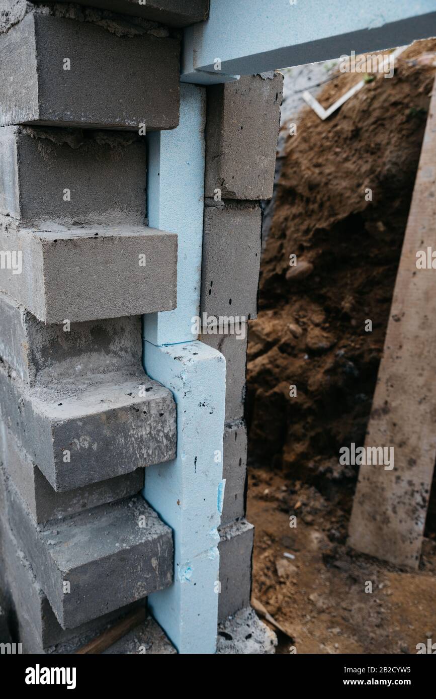 construction of a three-layer wall with insulation Stock Photo - Alamy