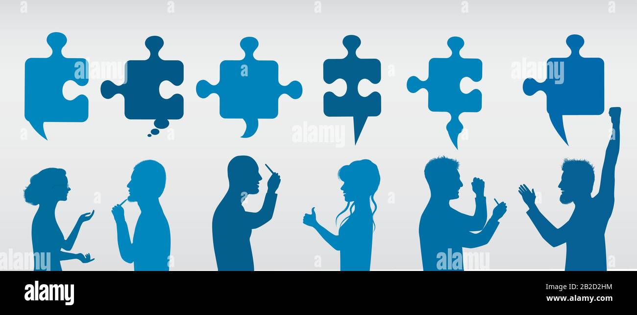 Profile people gesturing with puzzle pieces.Business solution. Concept ...