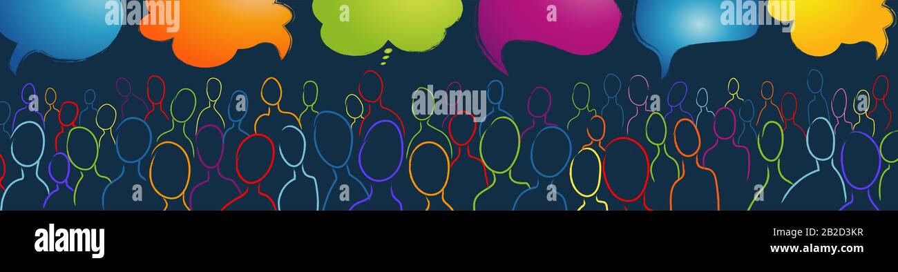 Crowd sketches of people with colorful stroke. Confusion and ...