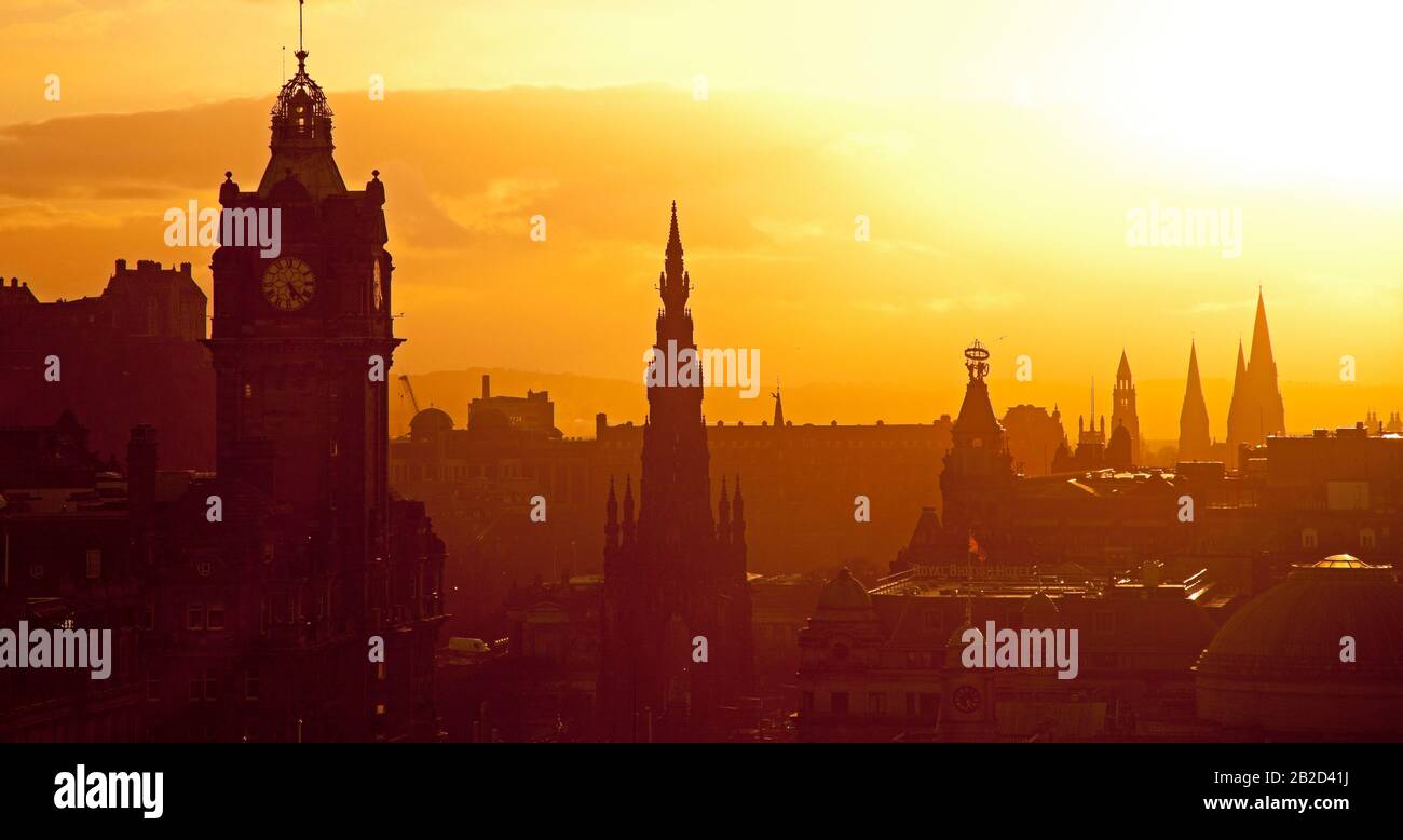 Edinburgh, Scotland, UK. Colourful sunset viewed from Calton Hill helps ...