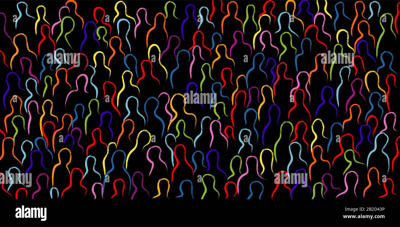 Crowd silhouettes of people with colorful stroke.Many multiethnic ...