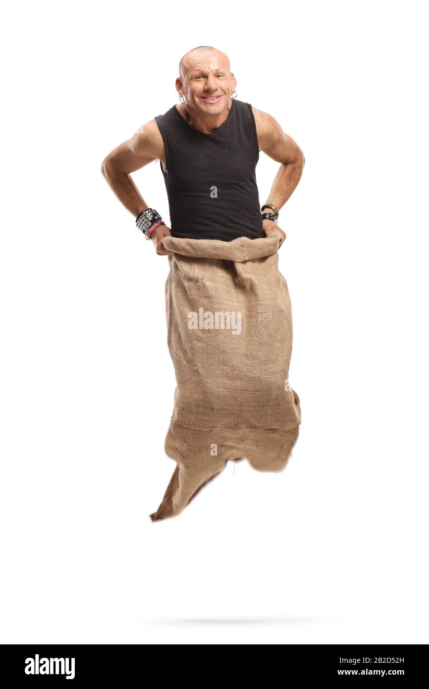 Cheerful bald man jumping in a sack isolated on white background Stock ...
