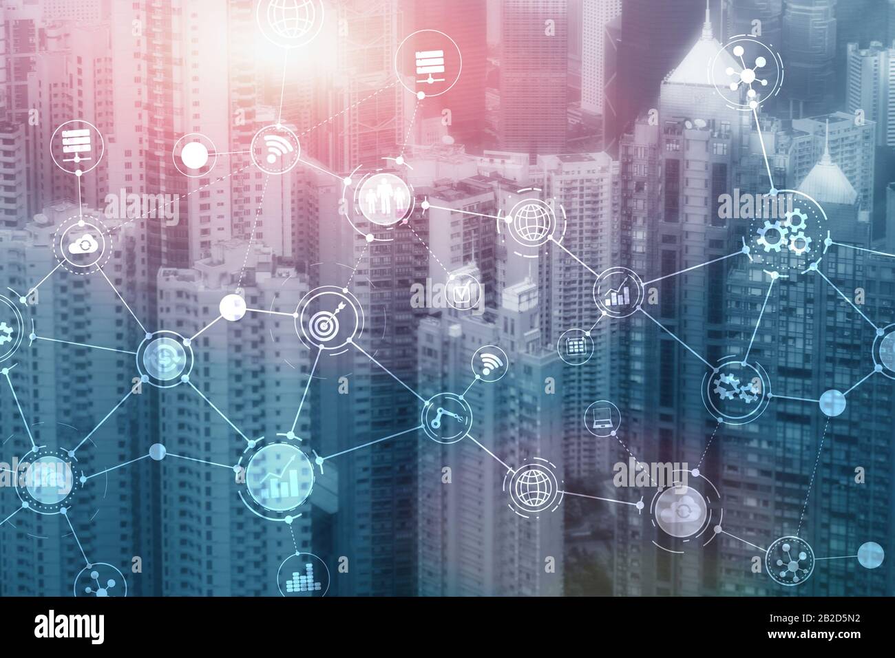 Smart City and Wireless Communication Network. Business District with ...