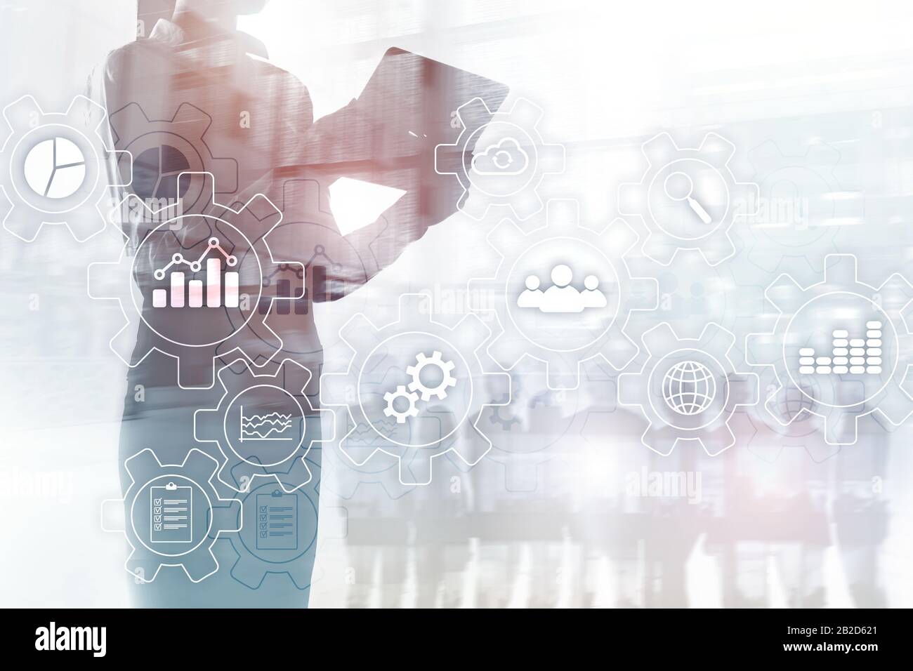Business process abstract diagram with gears and icons. Workflow and ...