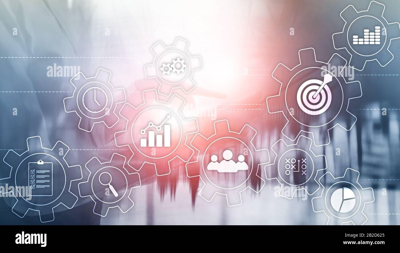 Business process automation concept. Gears and icons on abstract ...