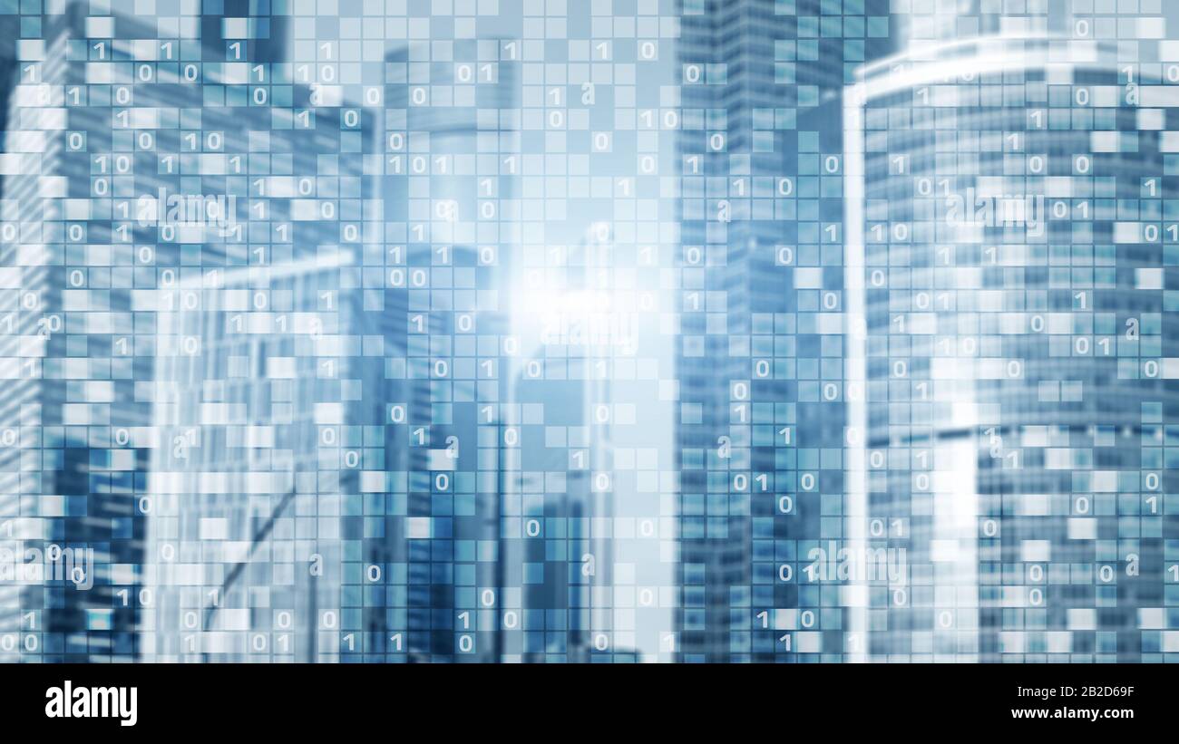 Digital code on blur city background. Abstract Binary code Stock Photo ...