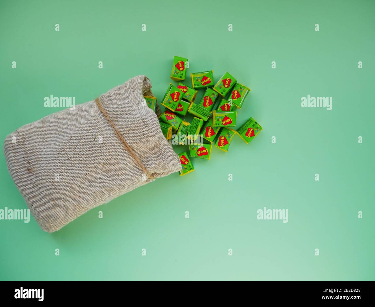 Germany, Berlin - March 3, 2020: Love Is.. Bubble Gum in cloth bag ...