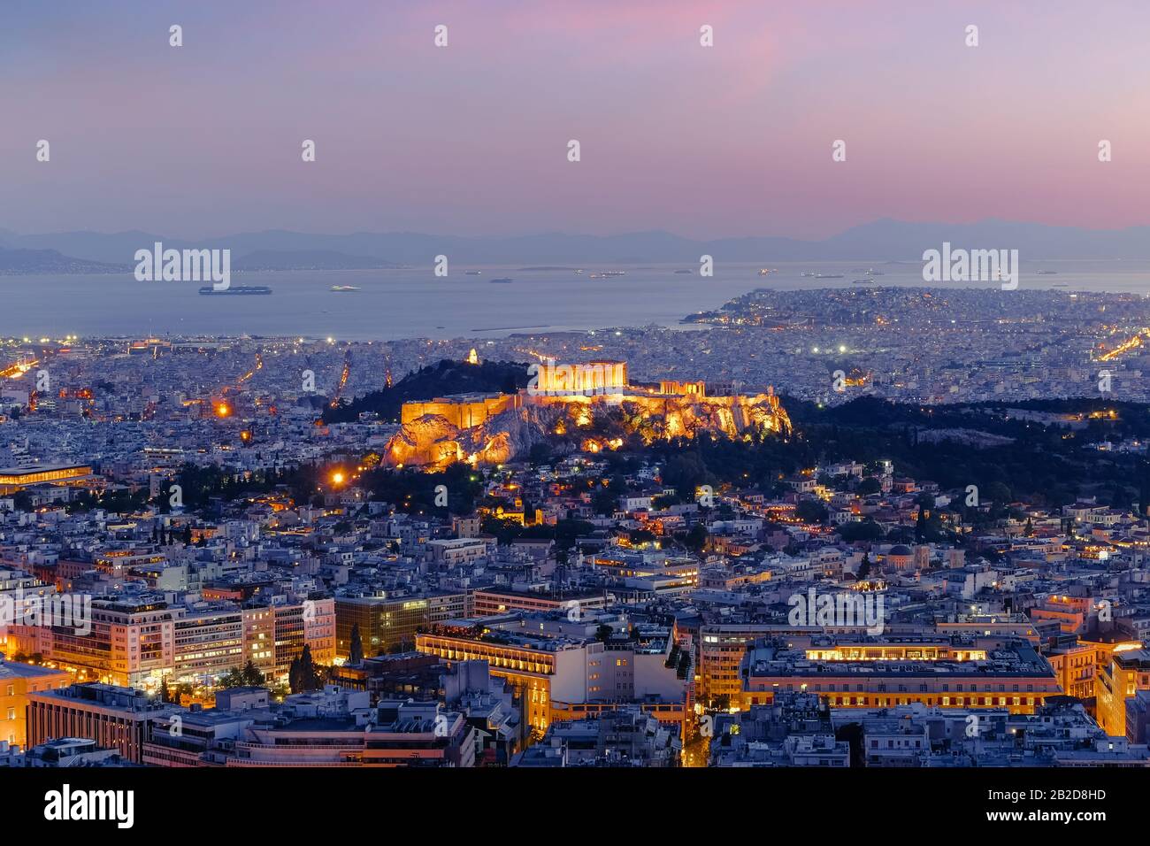Amazing aerial view of Athens, Greece. Night over ancient Acropolis ...