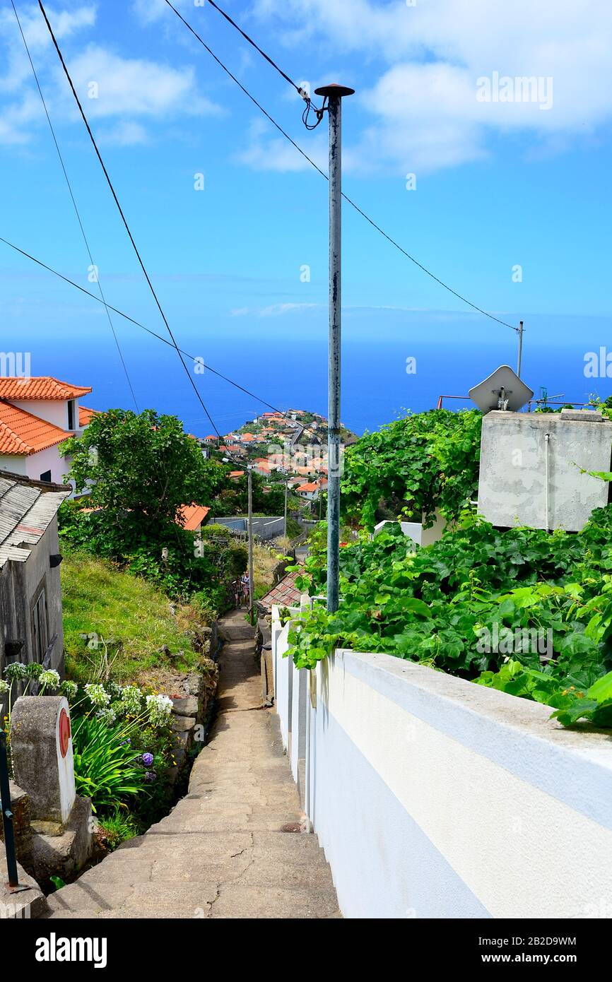 Looking Down a Madeiran alleyway down over the sea Stock Photo - Alamy