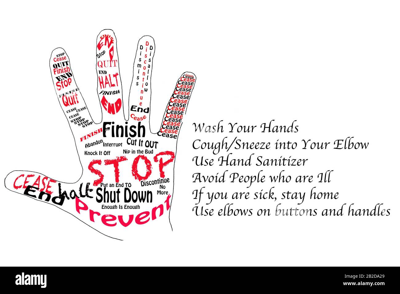 Illustrated hand with text graphics for stop or cease and hygiene ...