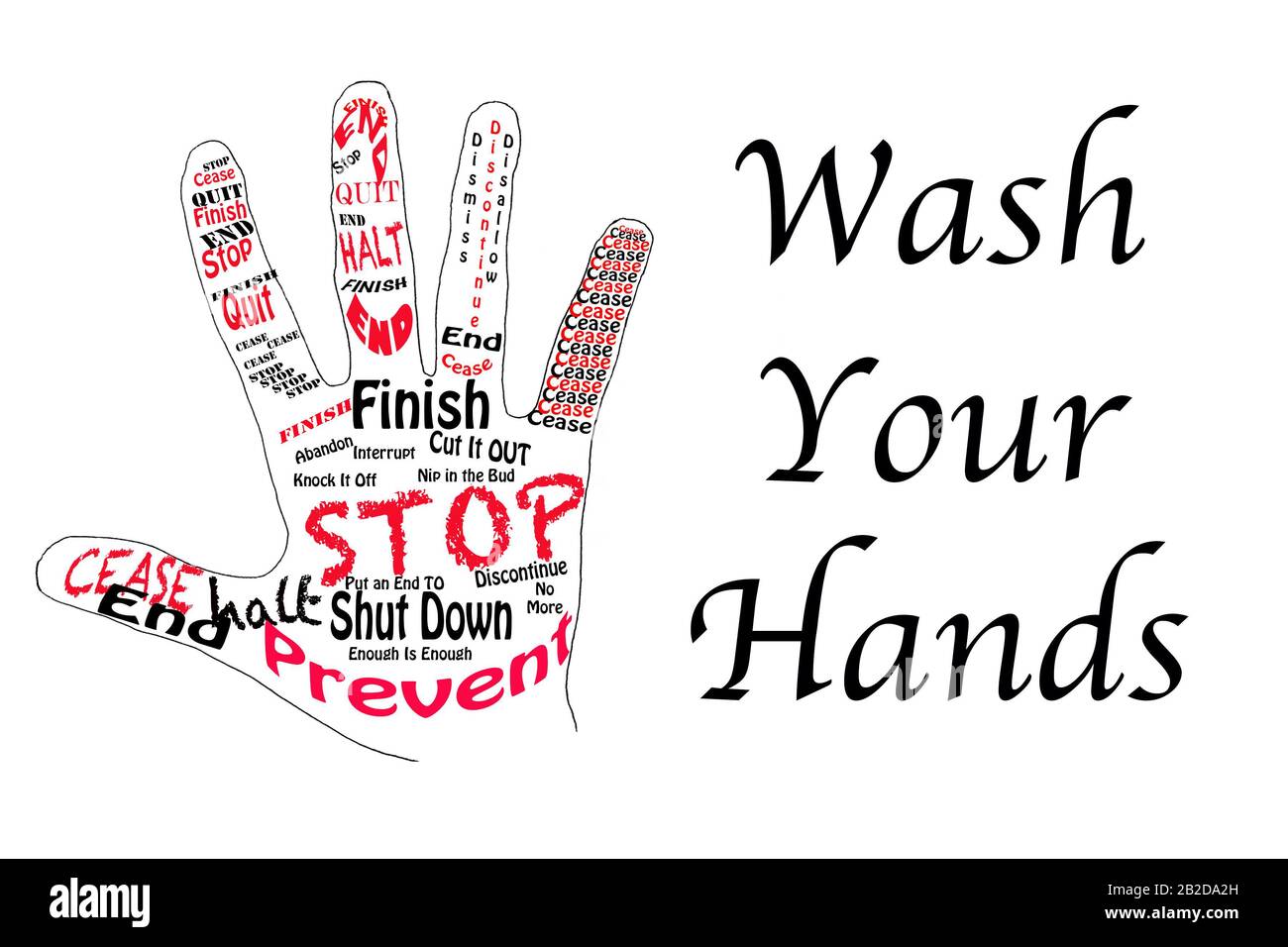 Illustrated hand with text graphics for stop or cease and wash your ...