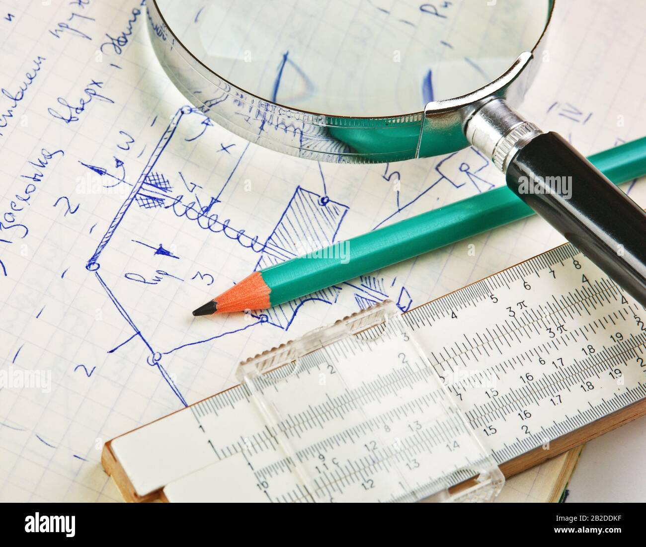 magnifying glass and a slide rule on the old page with the calculations ...