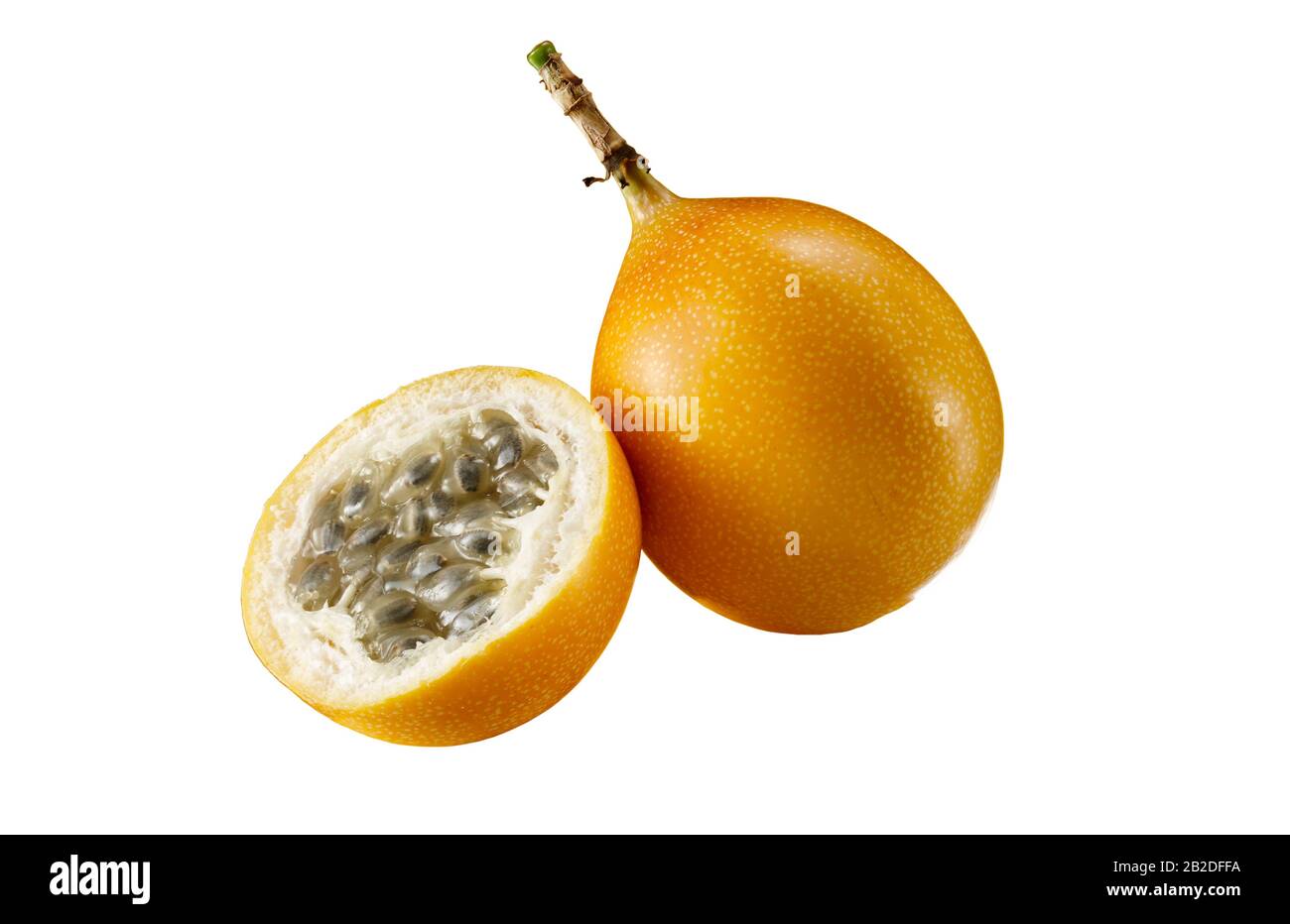 Granadilla or yellow passion fruit pieces isolated on white background ...