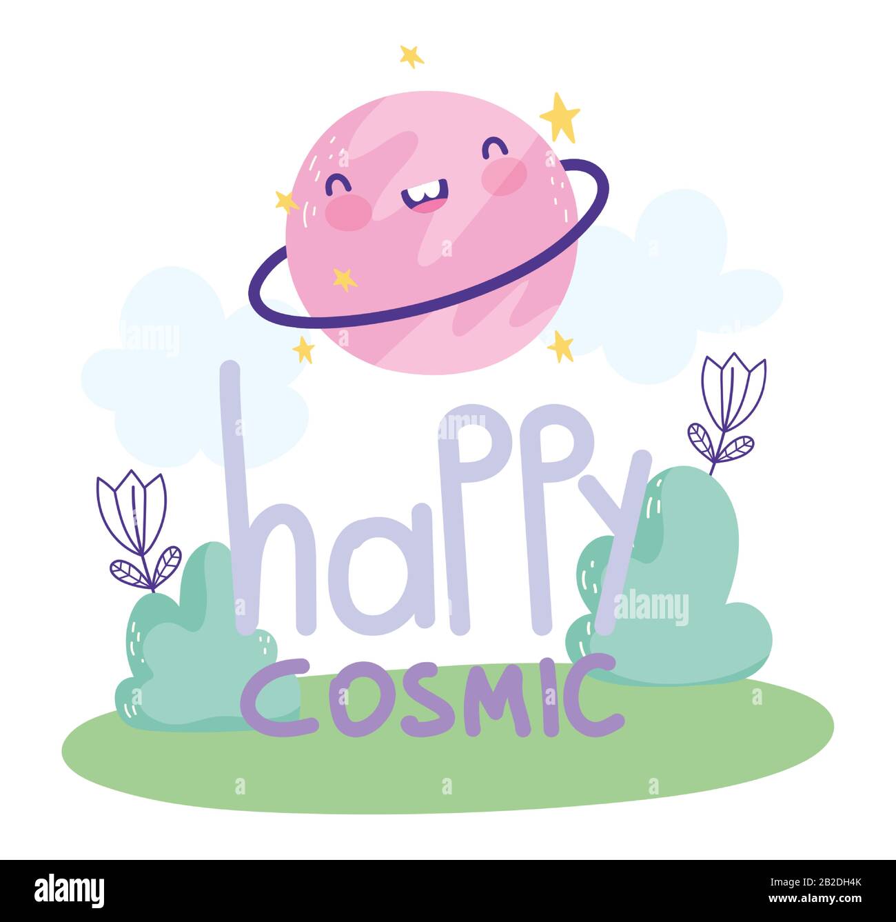 happy cosmic planet nature grass cartoon cute vector illustration Stock ...