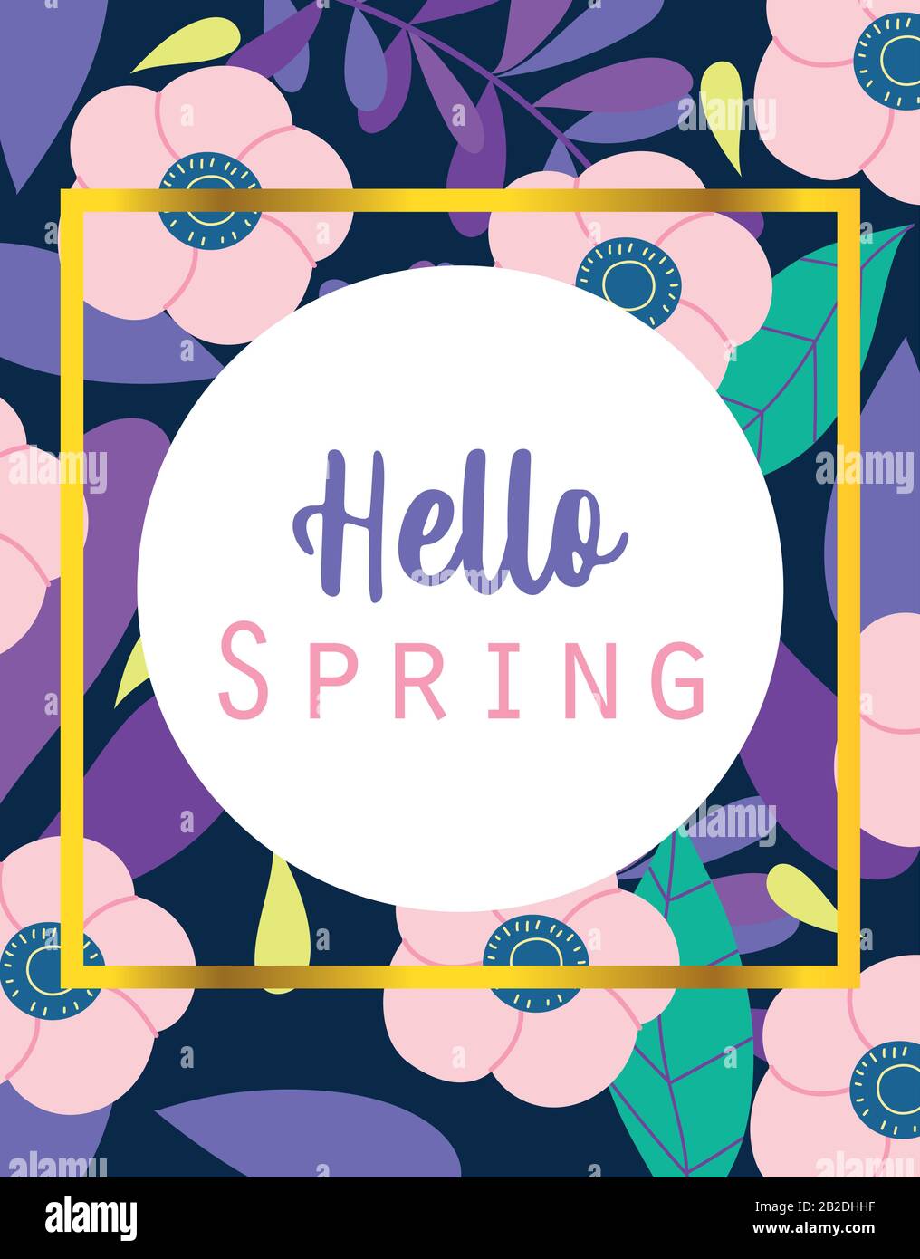 hello spring, round banner flowers foliage season background vector ...