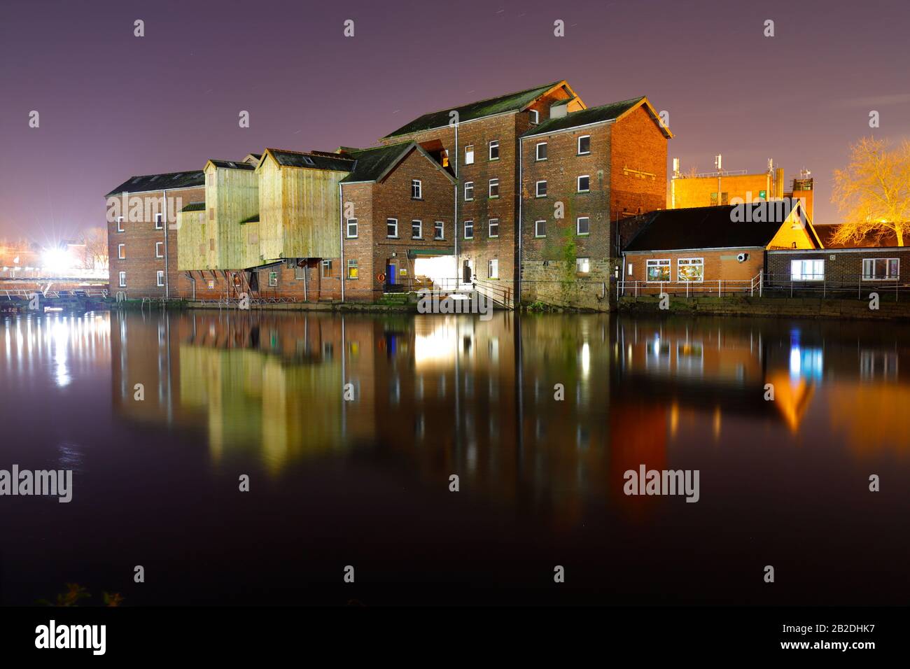 Queens Mill reflections at night in Castleford,West Yorkshire Stock ...