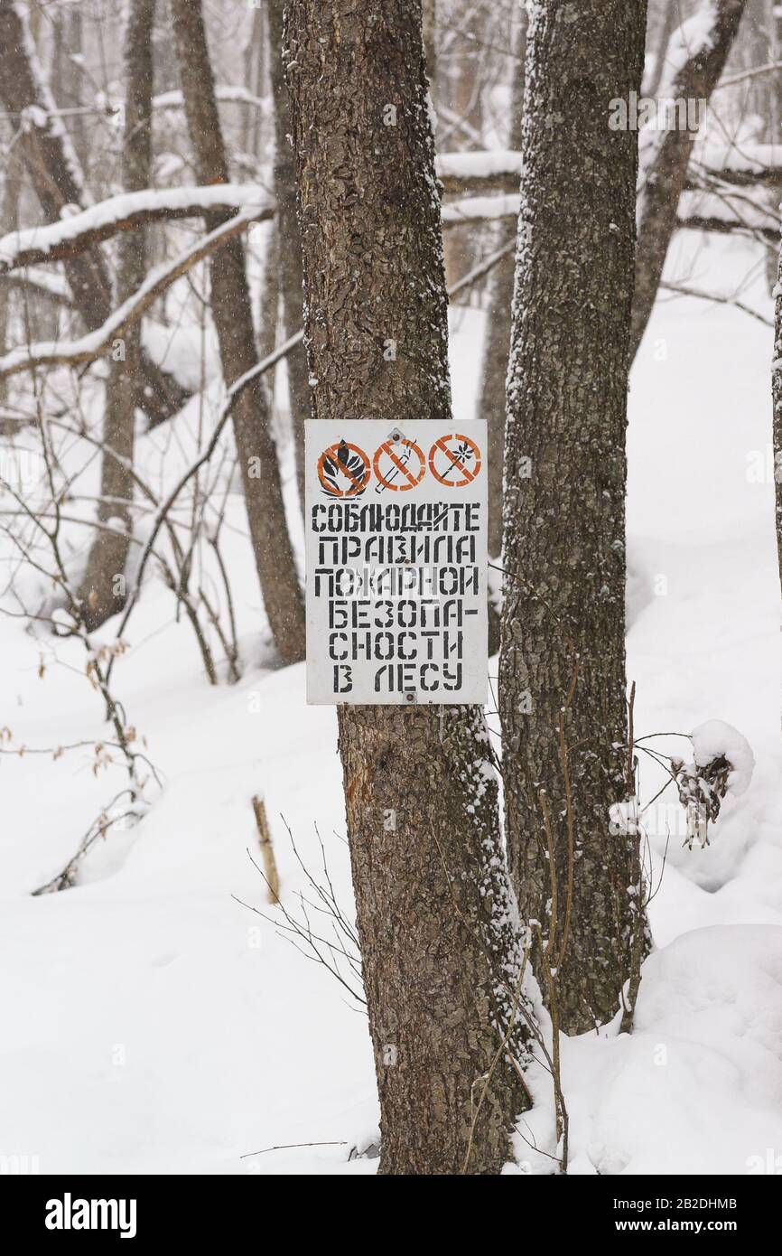 Warning sign on a tree in a snowy forest with the text "Follow fire ...