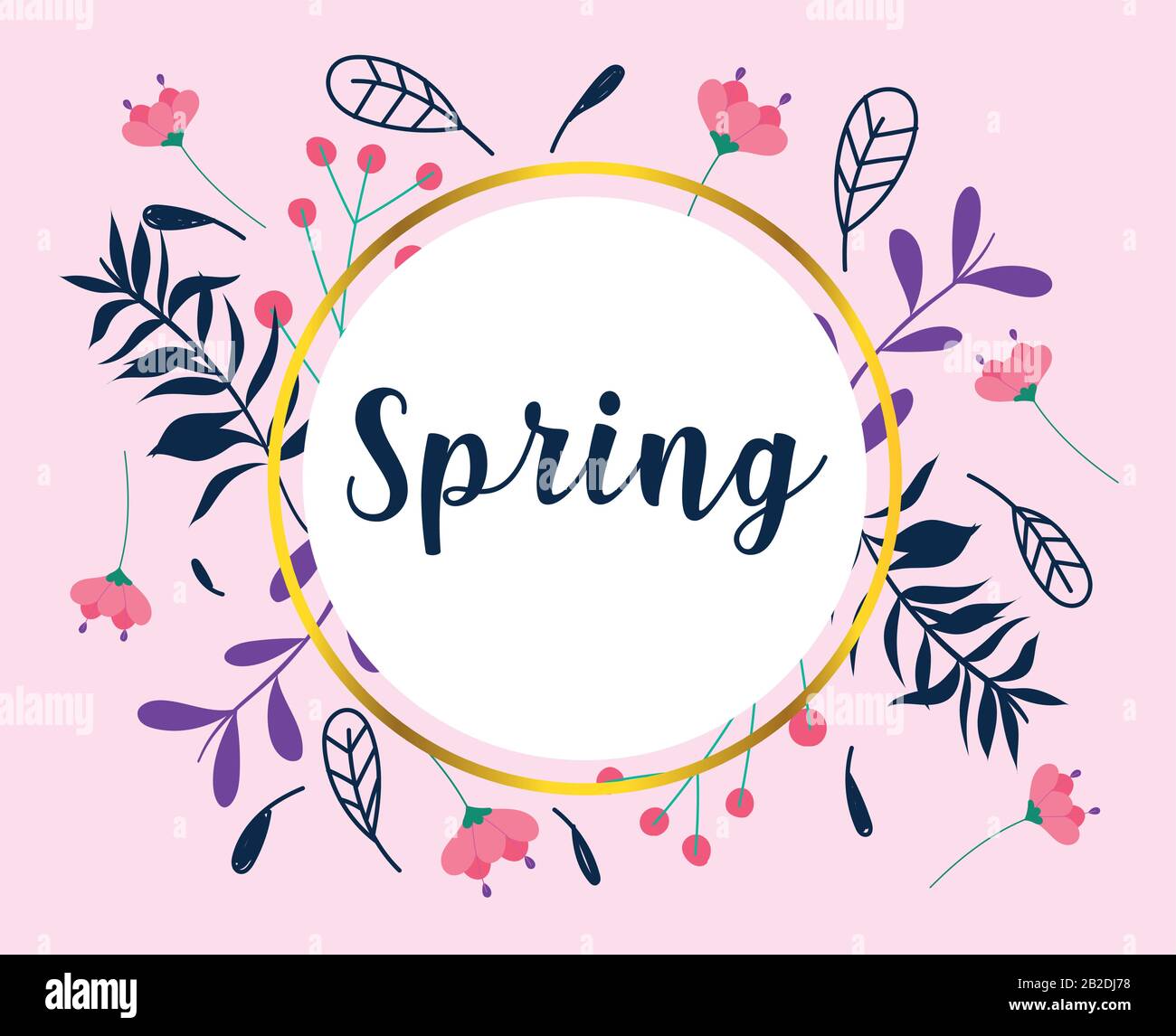 hello spring, circle frame flowers decoration card vector illustration ...