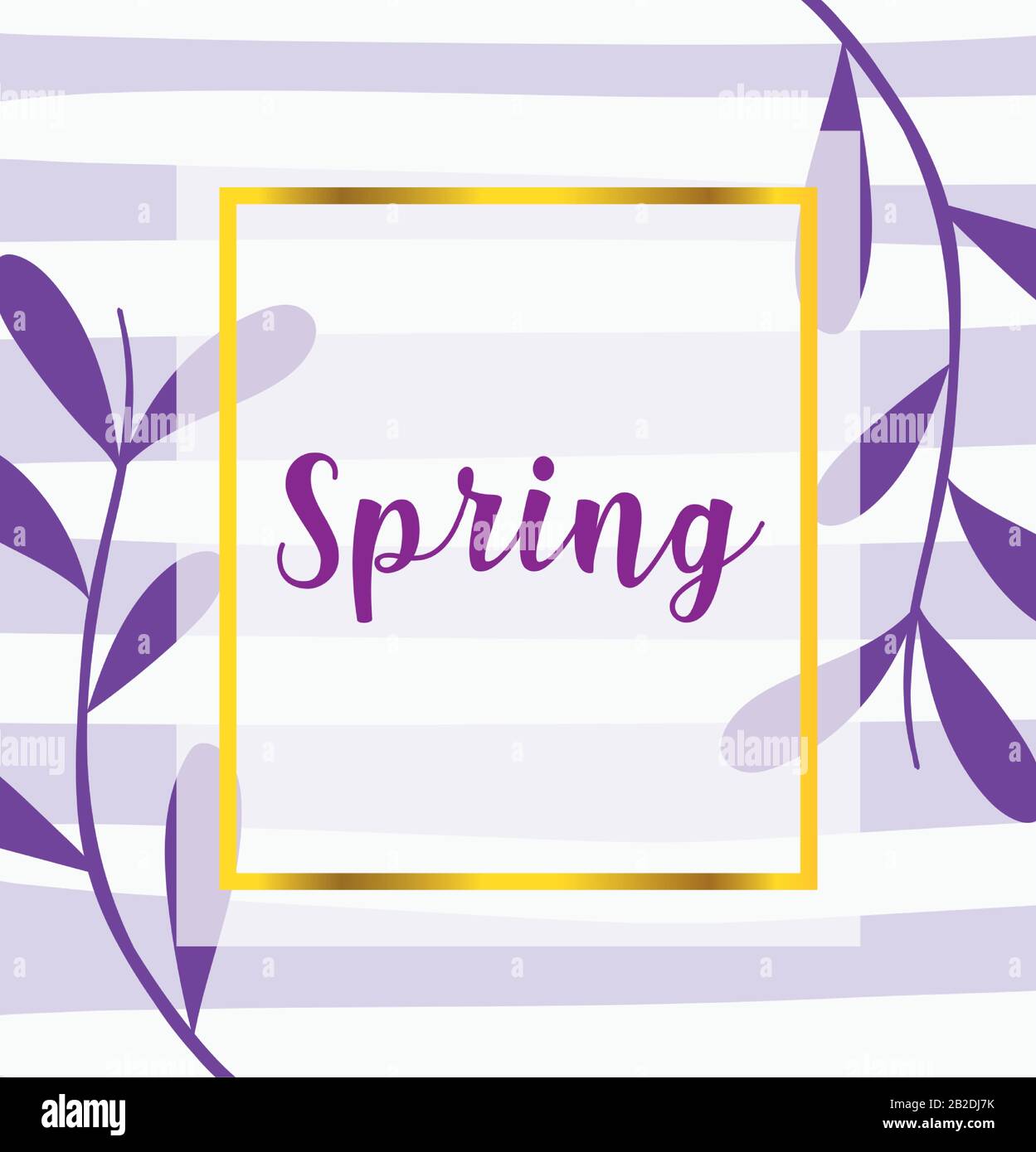 hello spring, purple phrase leaves decoration striped background vector ...