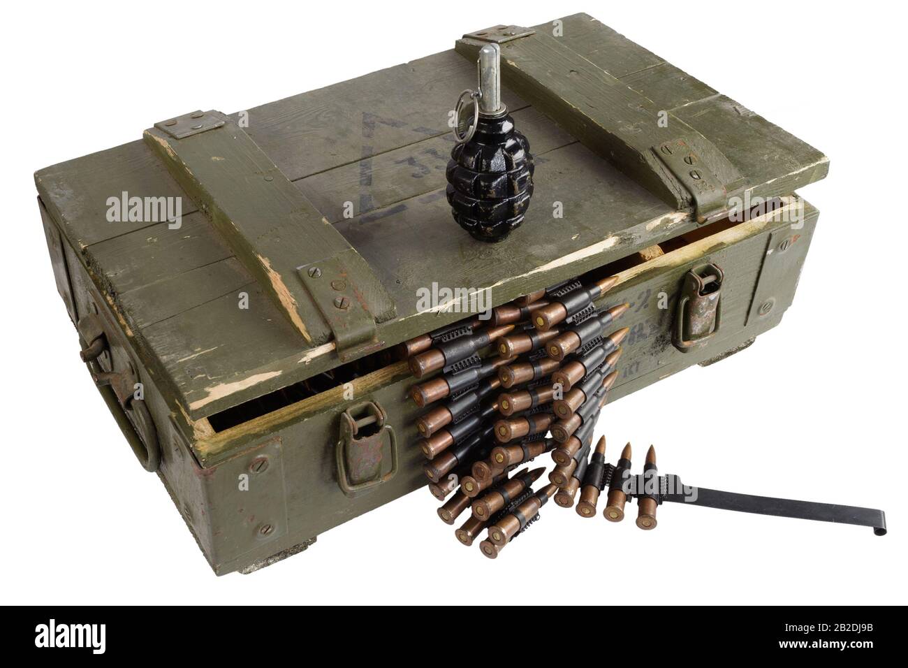 Soviet army ammunition box with ammunition belt isolated on white ...