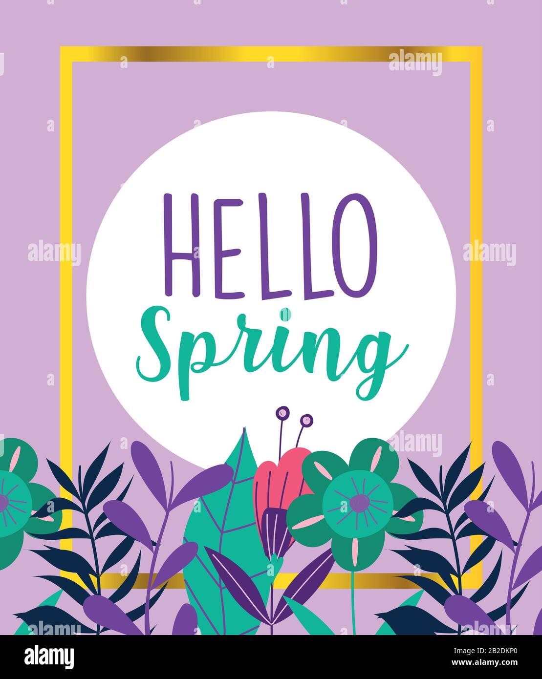hello spring, flowers floral nature foliage decoration badge vector ...
