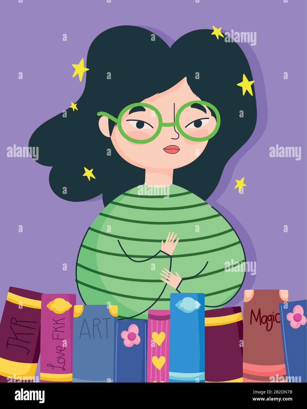 book day, teen girl with glasses and books different literature cartoon ...