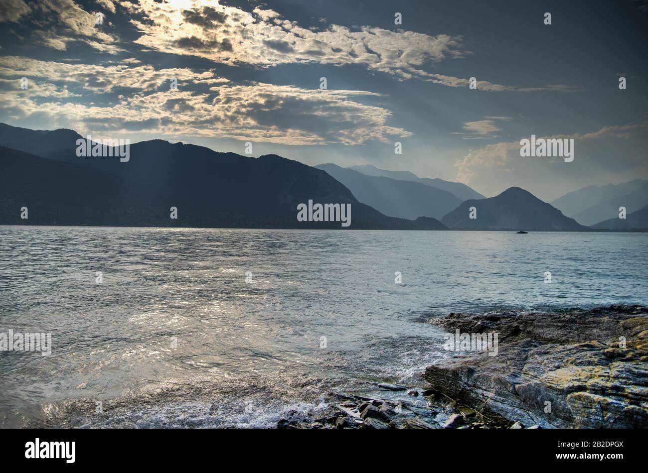 Romantic sunset on a lake in North Italy during summer vacation Stock ...