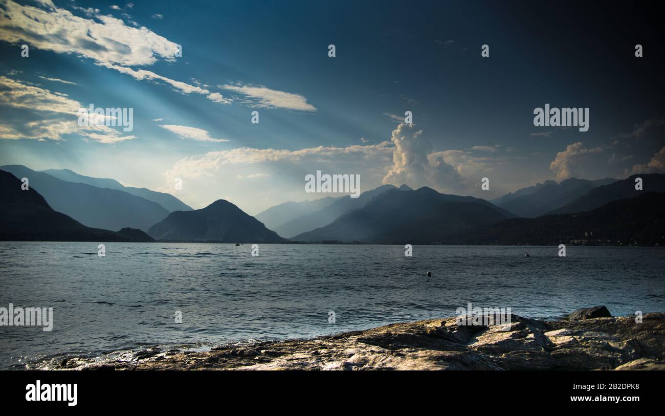 Romantic sunset on a lake in North Italy during summer vacation Stock ...