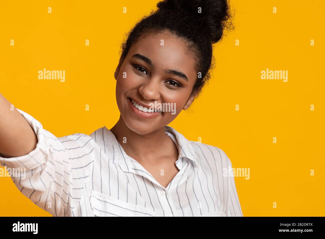 Pretty Afro Girl Taking Selfie, Making Self-Portrait, Posing Over ...
