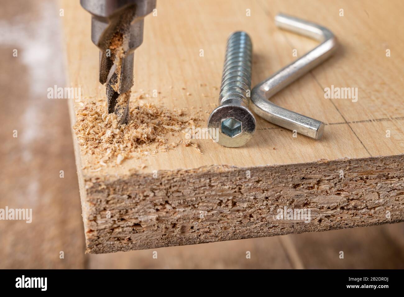 Tools and screws used in carpentry. Small carpentry work in the ...