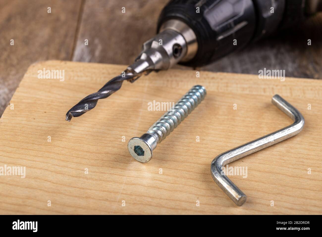 Tools and screws used in carpentry. Small carpentry work in the ...