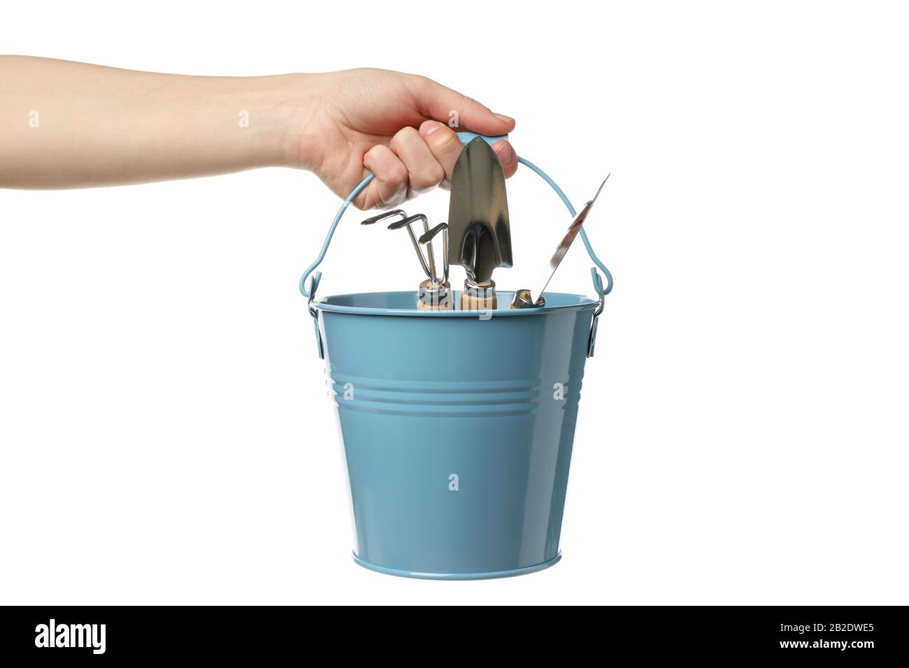 Person holds bucket with gardening tools, isolated on white background ...