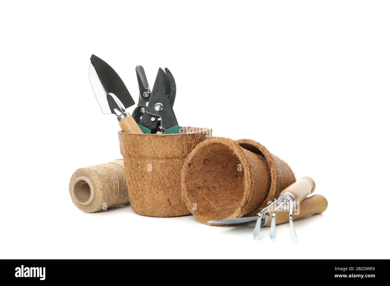 Flower pots and gardening tools isolated on white background Stock ...