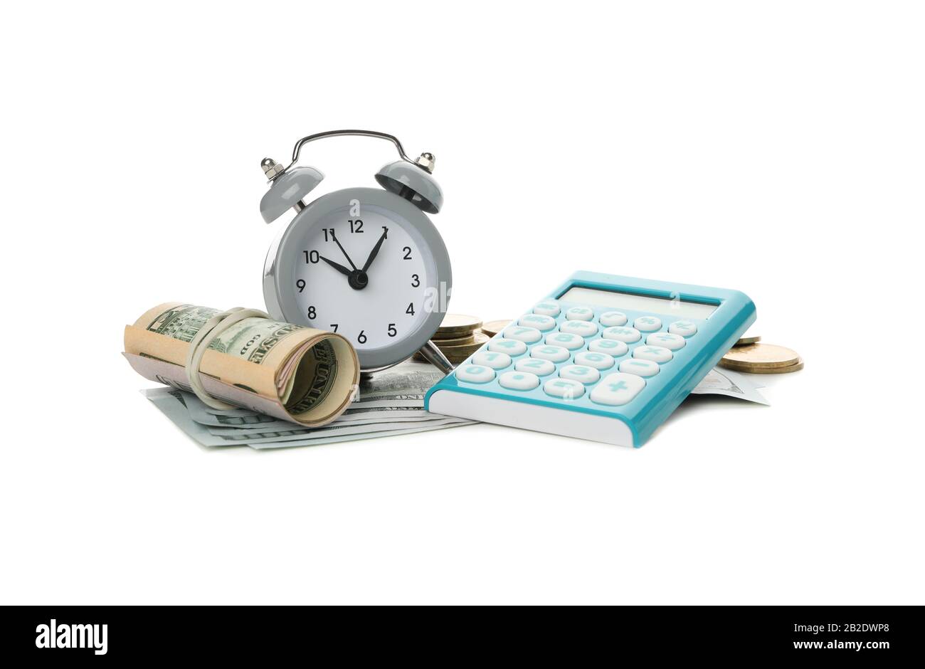 Calculator, alarm clock and money isolated on white background Stock ...
