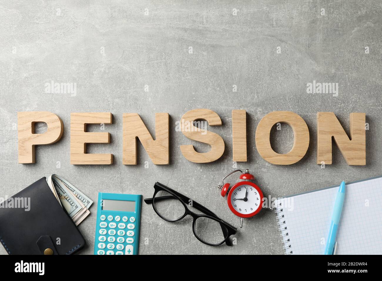 Composition with word Pension on grey background, top view Stock Photo ...