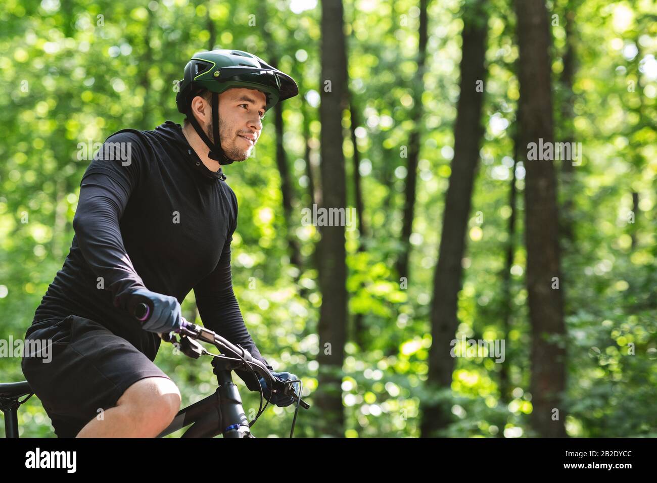 Professional cycler riding sport bike in summer forest Stock Photo - Alamy