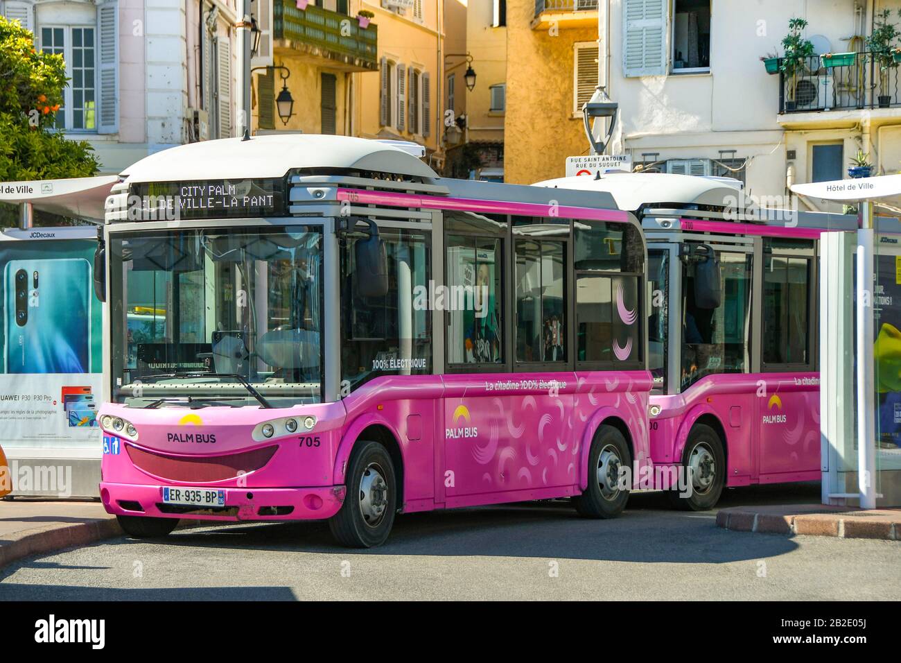 CANNES, FRANCE - APRIL 2019: Small electric buses operated by Palm Bus ...