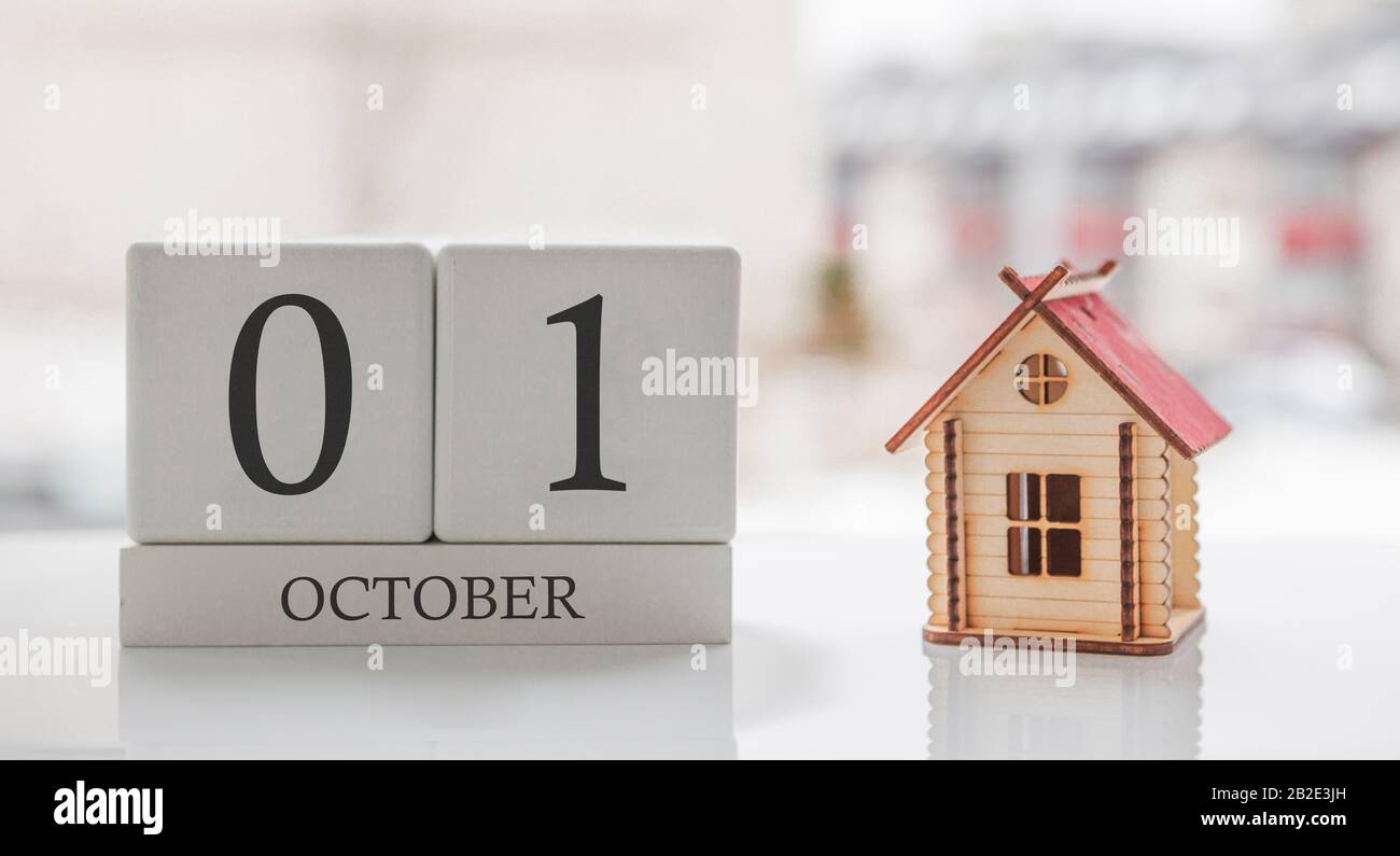 October calendar and toy home. Day 1 of month. Card message for print ...