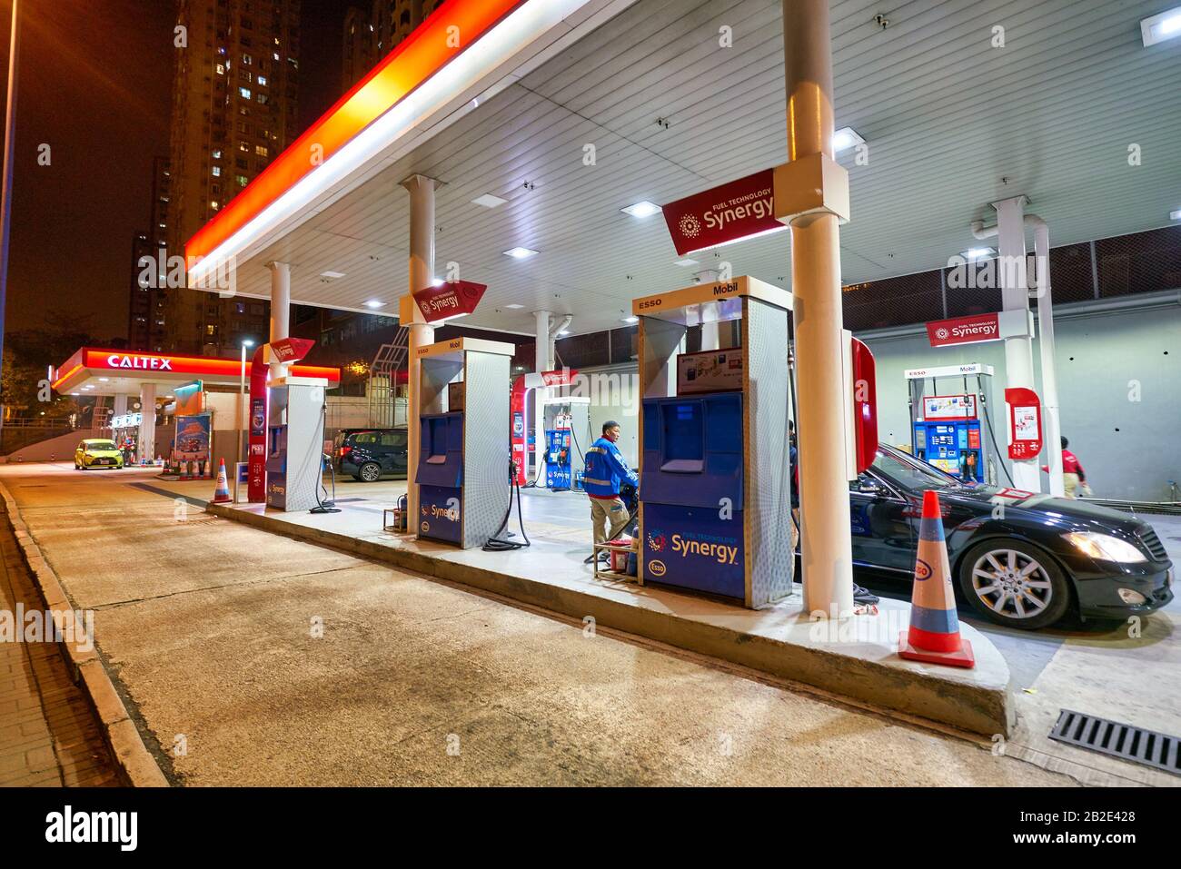 HONG KONG, CHINA - CIRCA JANUARY, 2019: an Esso station in Hong Kong at night. Esso is a trade ...