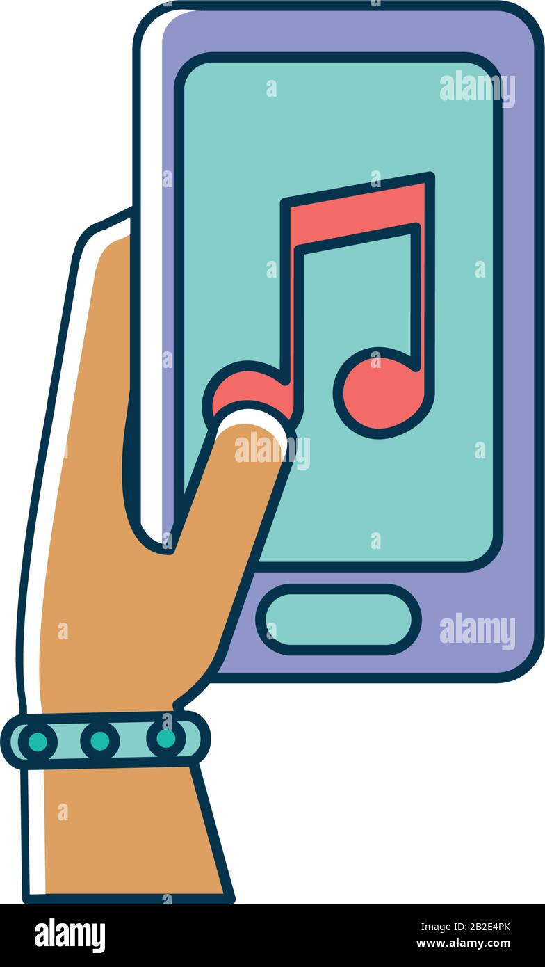 hand with smartphone app note musical melody sound music vector ...