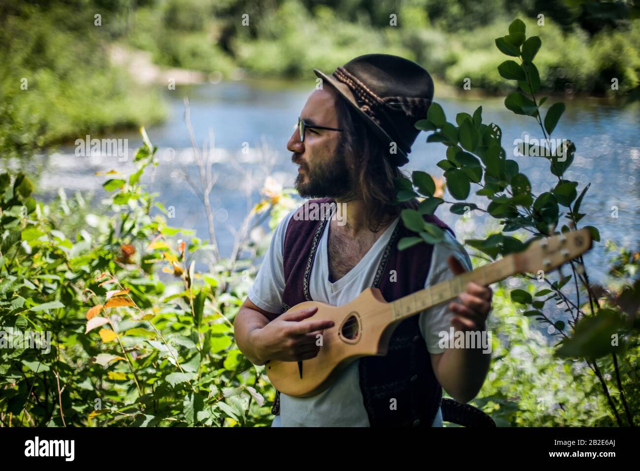 A young musician playing a diatonic acoustic instrument - merlin. An ...