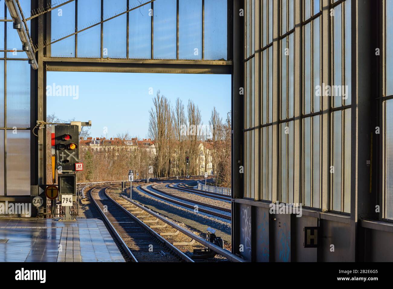 Platform, railway and interior windows facade without people and ...