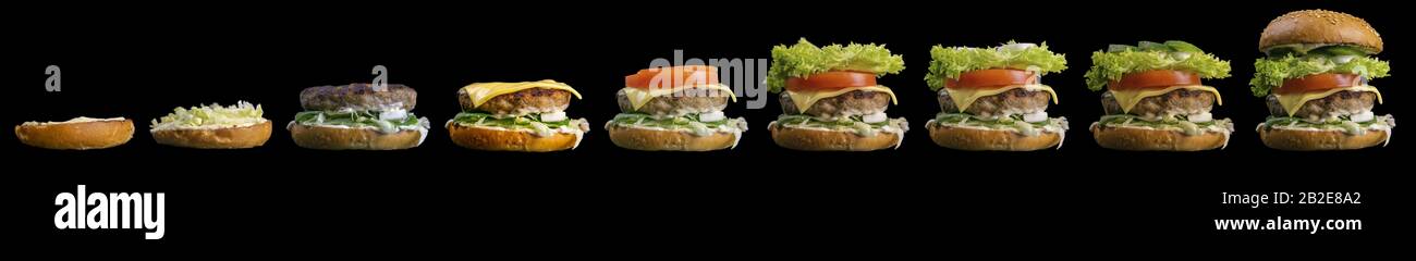 Process making of burger, step by step isolated on black background ...